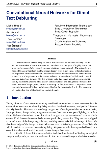 (PDF) Convolutional Neural Networks for Direct Text Deblurring