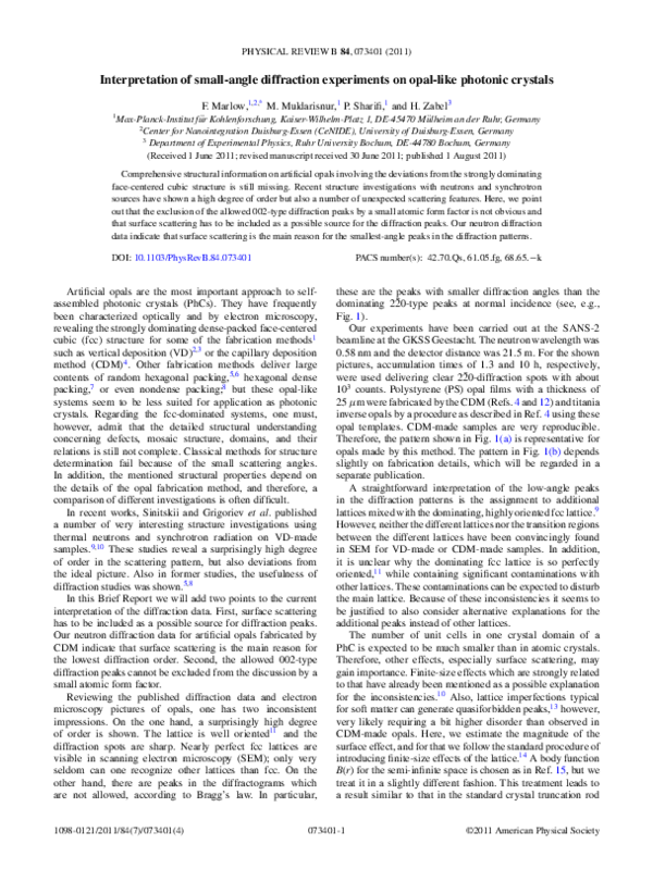 (PDF) Interpretation of small-angle diffraction experiments on opal ...