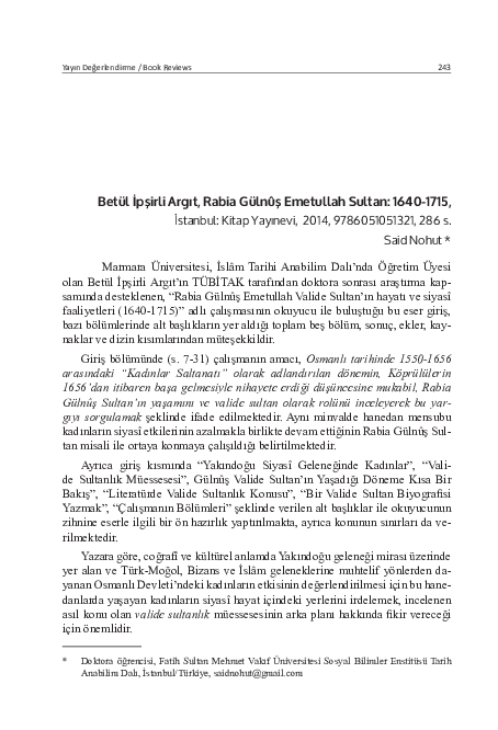 (PDF) Said Nohut, (2014), Rabia Gülnuş Emetullah Sultan 1640-1715