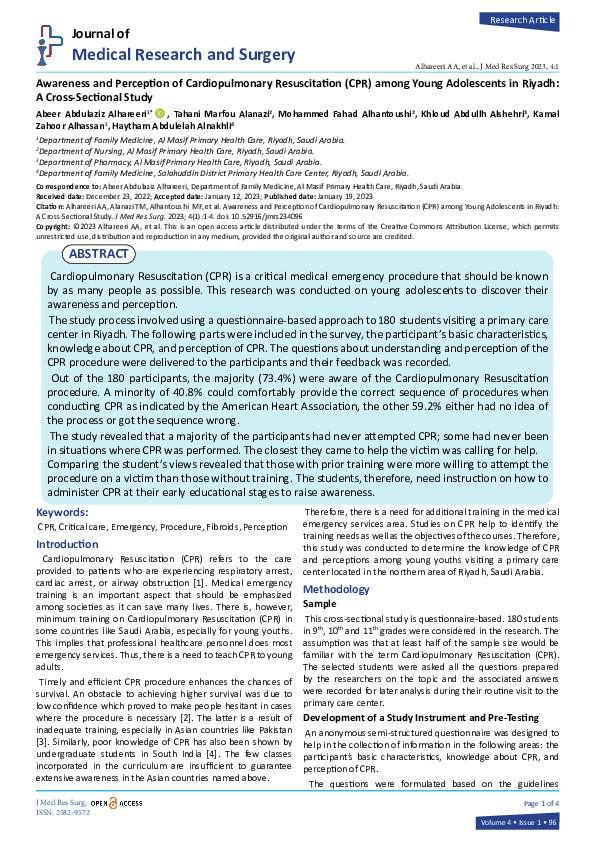 (PDF) Awareness and Perception of Cardiopulmonary Resuscitation (CPR ...