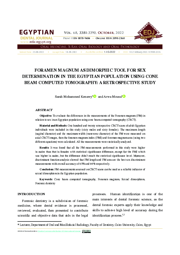 Pdf Foramen Magnum As Dimorphic Tool For Sex Determination In The Egyptian Population Using