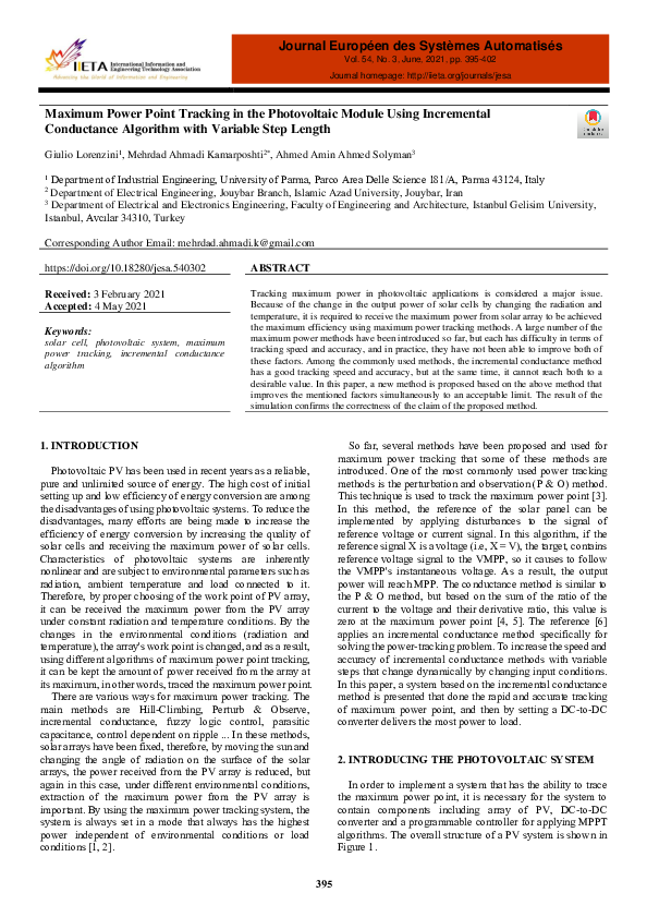 (PDF) Maximum Power Point Tracking in the Photovoltaic Module Using Incremental Conductance ...