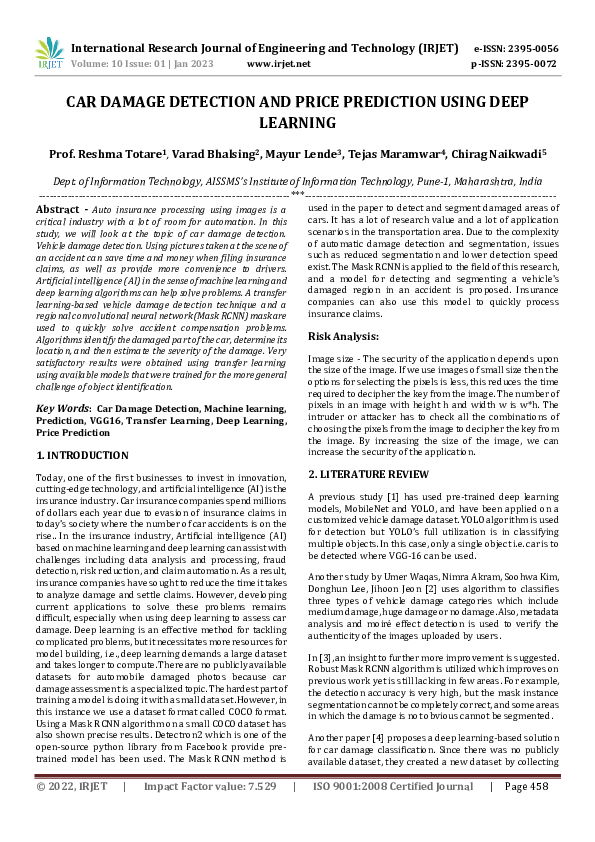 (PDF) CAR DAMAGE DETECTION AND PRICE PREDICTION USING DEEP LEARNING (PDF) CAR DAMAGE DETECTION AND PRICE PREDICTION USING DEEP LEARNING