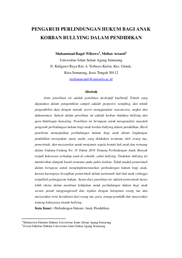 (PDF) PENGARUH PERLINDUNGAN HUKUM BAGI ANAK KORBAN BULLYING DALAM PENDIDIKAN