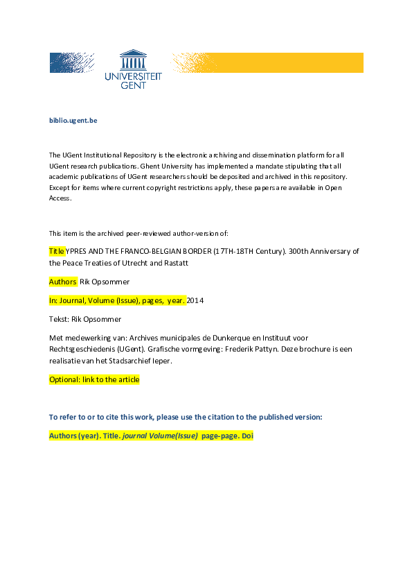 (PDF) Ypres and the Franco-Belgian border (17TH-18TH Century): 300th ...