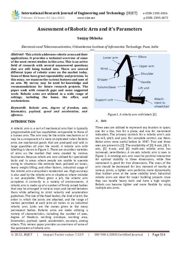 (PDF) Assessment of Robotic Arm and it's Parameters