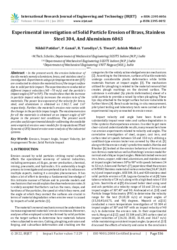 Pdf Experimental Investigation Of Solid Particle Erosion Of Brass Stainless Steel 304 And