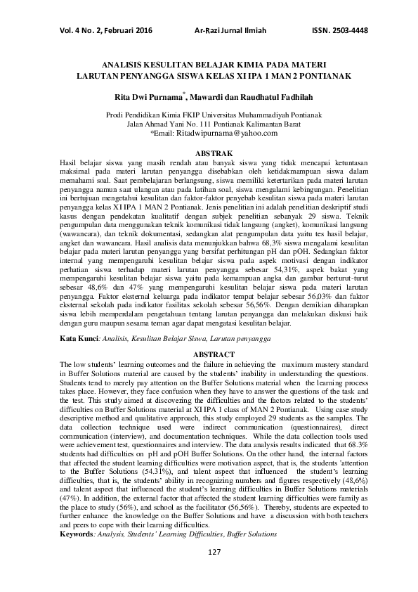 (PDF) Analisis Kesulitan Belajar Kimia Pada Materi Larutan Penyangga ...