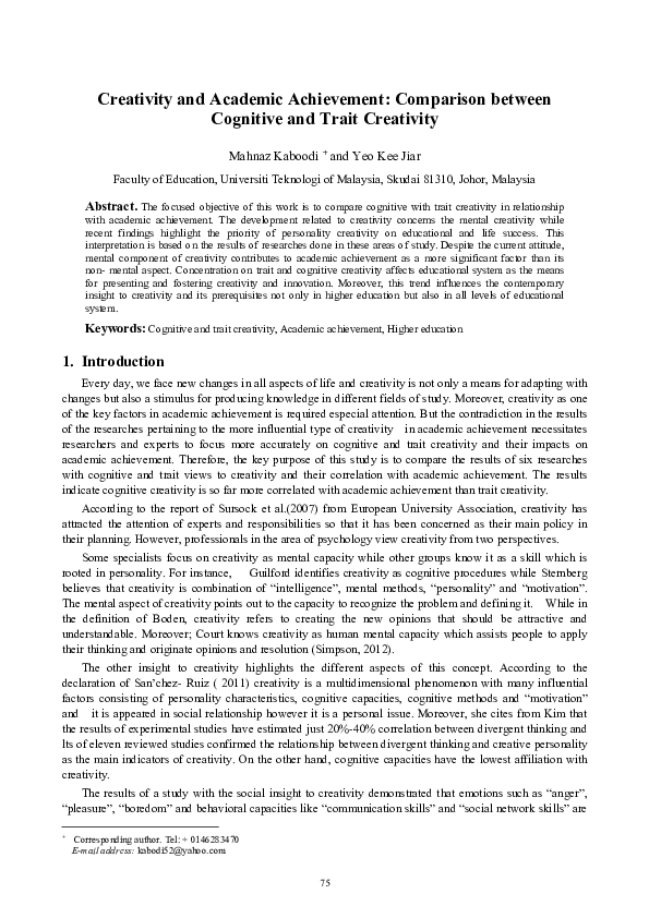 (PDF) Creativity and Academic Achievement : Comparison between ...