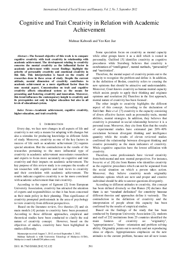 (PDF) Cognitive and Trait Creativity in Relation with Academic Achievement