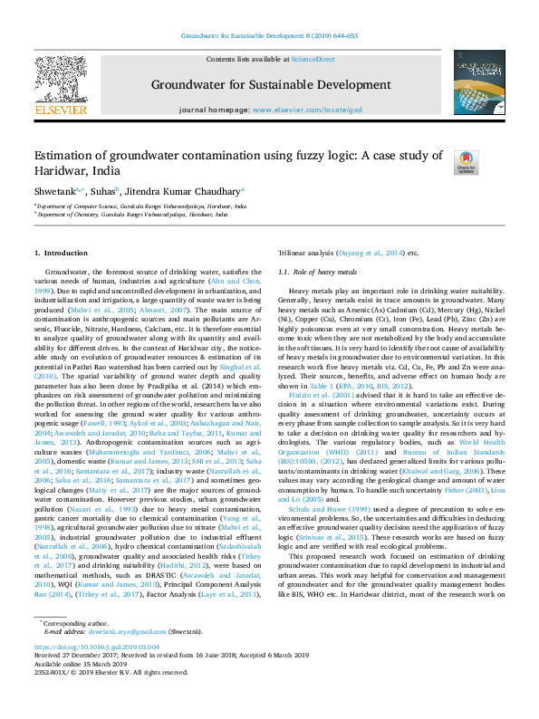 (PDF) Estimation of groundwater contamination using fuzzy logic: A case study of Haridwar, India