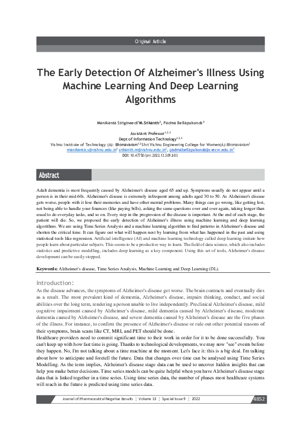 Pdf The Early Detection Of Alzheimers Illness Using Machine Learning And Deep Learning Algorithms