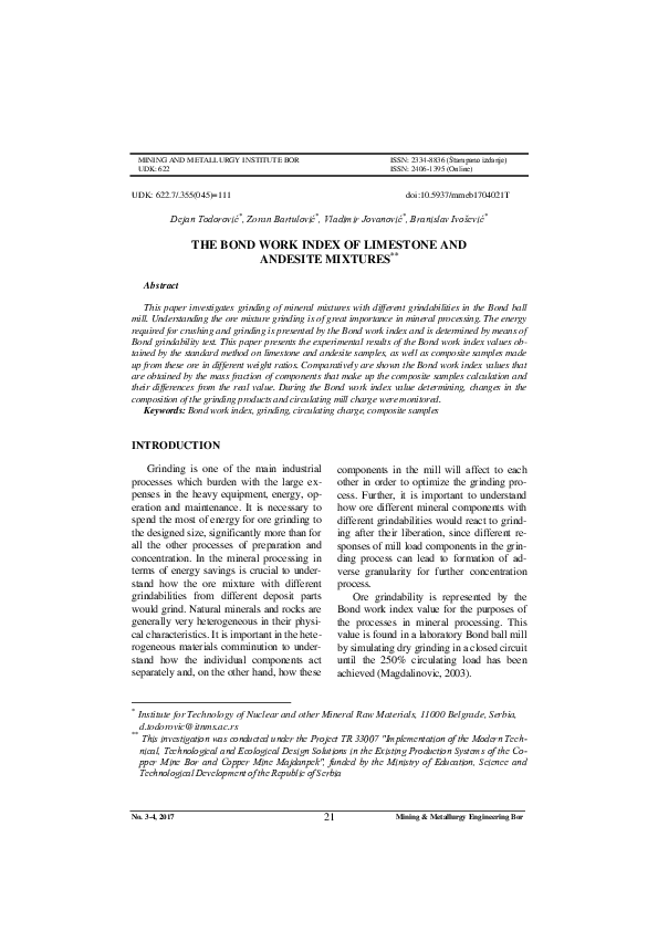 (PDF) The Bond work index of limestone and andesite mixtures