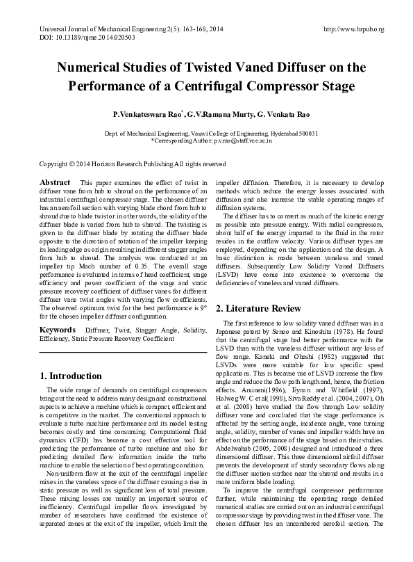 (PDF) Numerical Studies of Twisted Vaned Diffuser on the Performance of a Centrifugal Compressor ...
