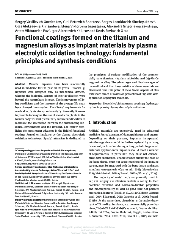 (PDF) Functional coatings formed on the titanium and magnesium alloys ...