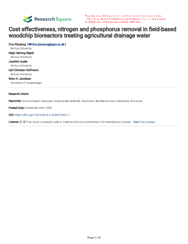 Pdf Cost Effectiveness Nitrogen And Phosphorus Removal In Field Based Woodchip Bioreactors