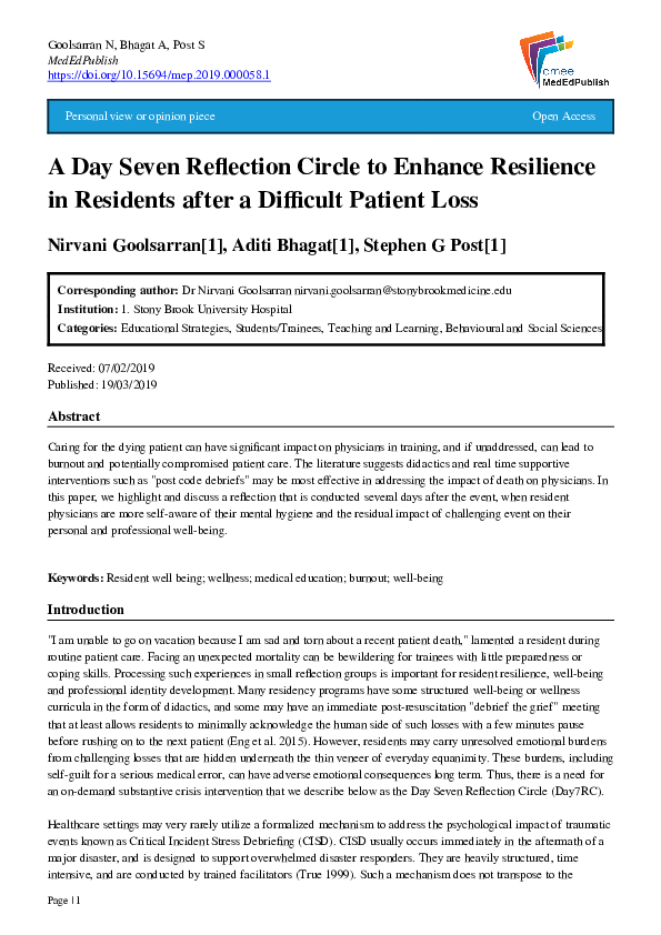 (PDF) A Day Seven Reflection Circle to Enhance Resilience in Residents ...