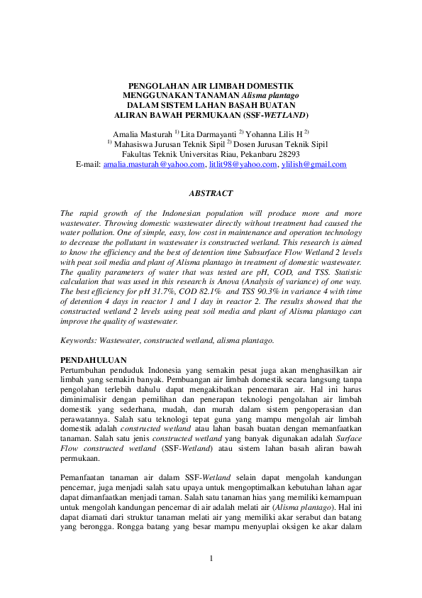 (PDF) Pengolahan Air Limbah Domestik Menggunakan Tanaman Alisma ...
