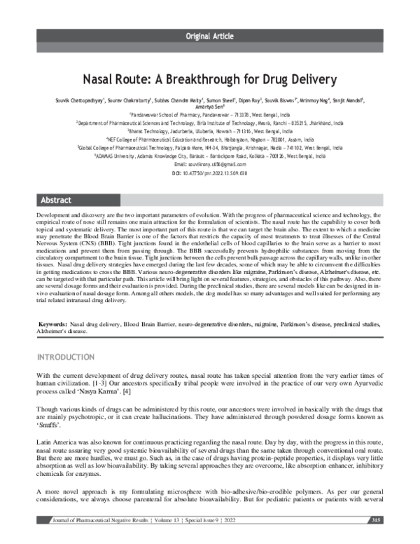 (PDF) Nasal Route: A Breakthrough for Drug Delivery
