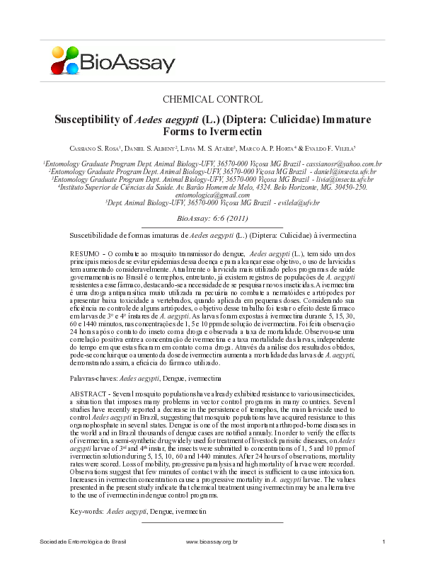 (PDF) 1Sociedade Entomológica do Brasil www.bioassay.org.br CHEMICAL CONTROL Susceptibility of ...