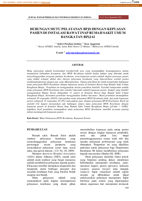 (PDF) Hubungan Mutu Pelayanan BPJS Dengan Kepuasan Pasien DI Instalasi Rawat Inap Rumah Sakit ...