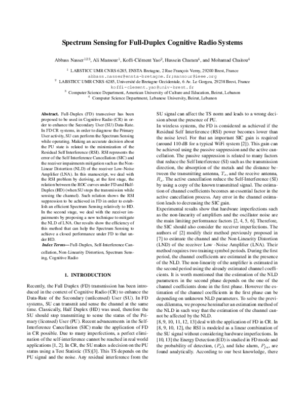 (PDF) Spectrum Sensing for Full-Duplex Cognitive Radio Systems