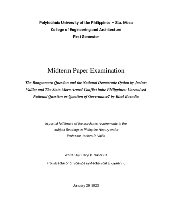 (PDF) MIDTERM EXAM – Mga Babasahin Hinggil sa Kasaysayan ng Pilipinas ni Daryl Nabonita