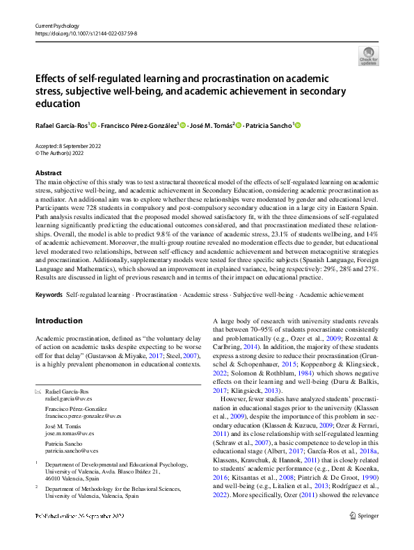 (PDF) Effects of self-regulated learning and procrastination on academic stress, subjective well ...