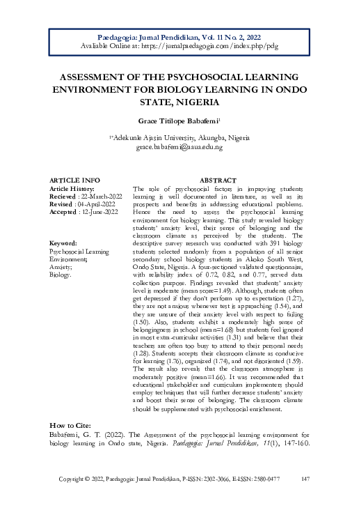 (PDF) Assessment of the Psychosocial Learning Environment for Biology ...