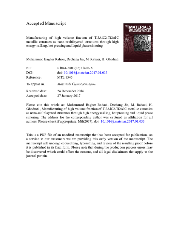 (PDF) Manufacturing of high volume fraction of Ti 3 AlC 2 -Ti 2 AlC ...