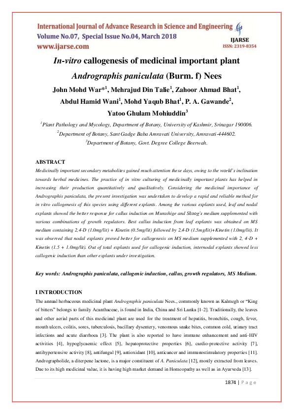 (PDF) In-vitro callogenesis of medicinal important plant Andrographis ...