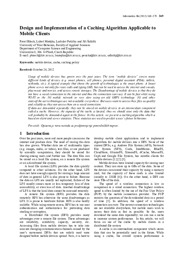 (PDF) Design and Implementation of a Caching Algorithm Applicable to Mobile Clients