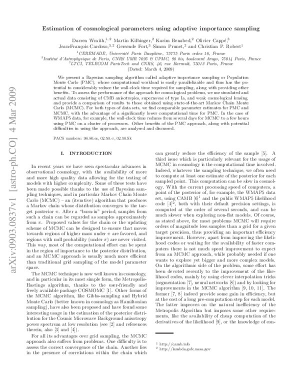 (PDF) Estimation of cosmological parameters using adaptive importance sampling