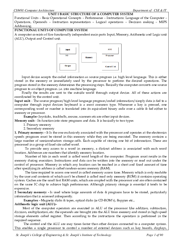 Pdf Lecture Notes On Cs8491 Computer Architecture