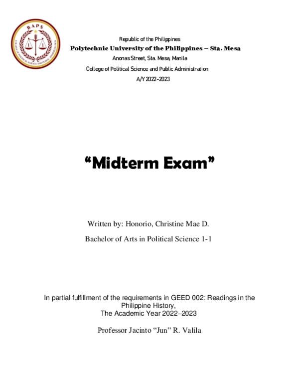 (PDF) Midterm Exam in Readings in the Philippine History: The State ...