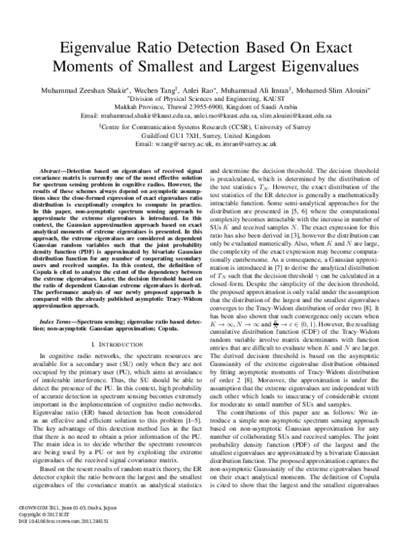 (PDF) Eigenvalue Ratio Detection Based On Exact Moments of Smallest and Largest Eigenvalues