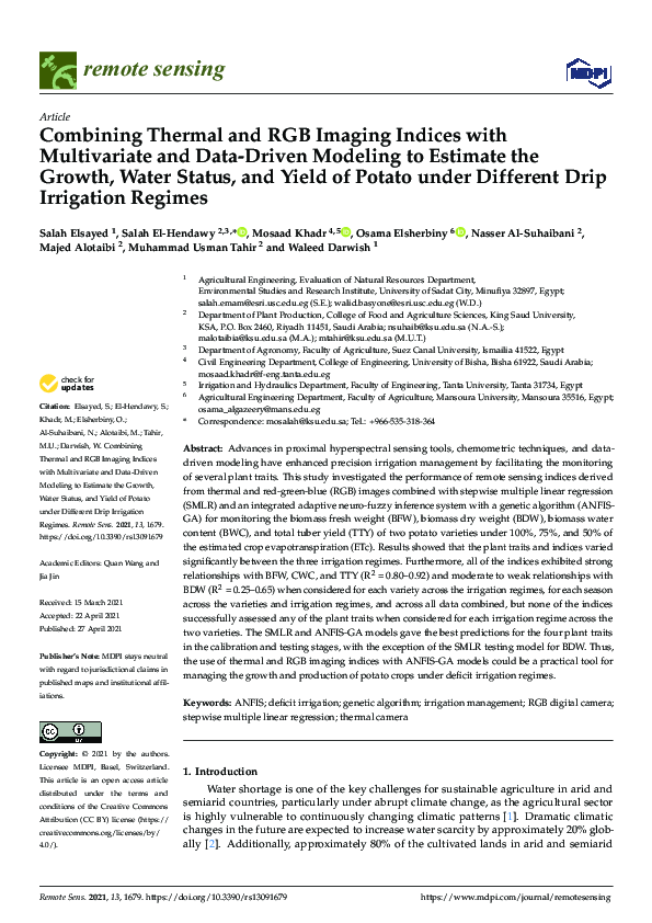 (PDF) Combining Thermal and RGB Imaging Indices with Multivariate and Data-Driven Modeling to ...