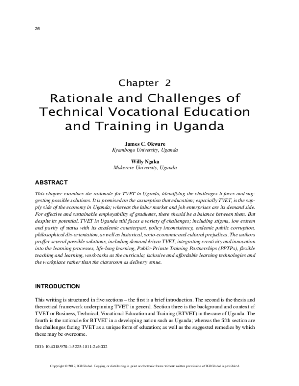 (PDF) Rationale and Challenges of Technical Vocational Education and Training in Uganda