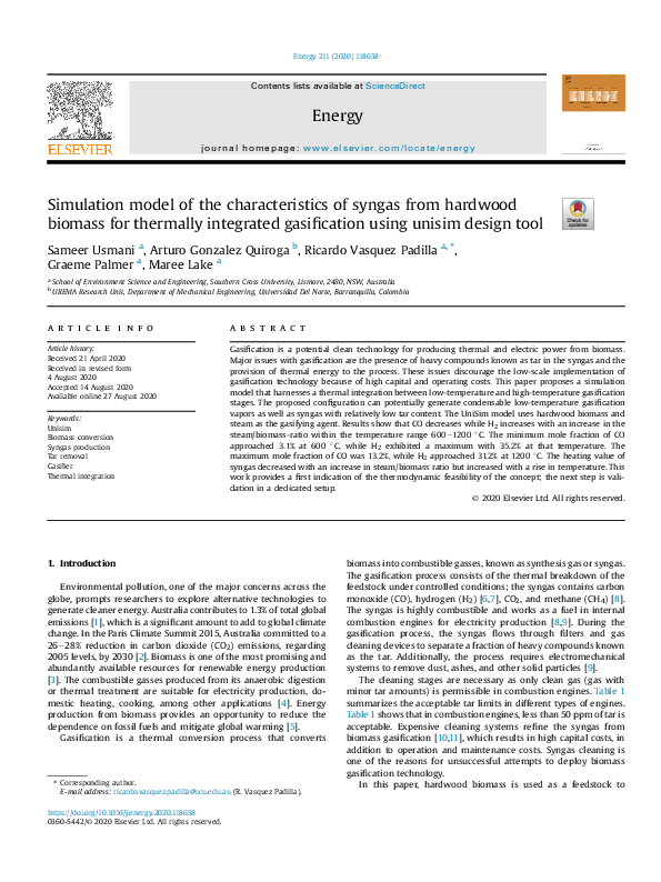 (PDF) Simulation model of the characteristics of syngas from hardwood biomass for thermally ...