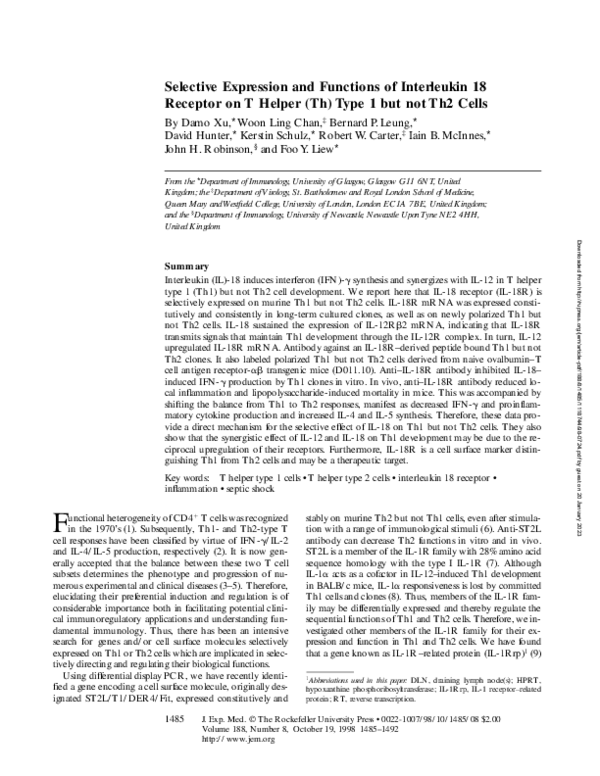 (PDF) Selective Expression and Functions of Interleukin 18 Receptor on ...