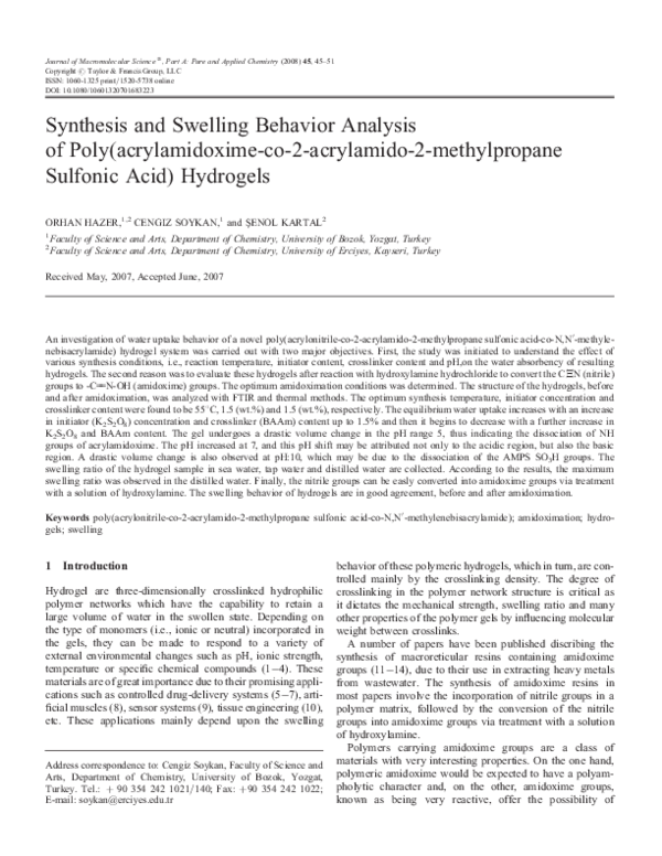 (PDF) Synthesis and Swelling Behavior Analysis of Poly(acrylamidoxime‐co‐2‐acrylamido‐2 ...