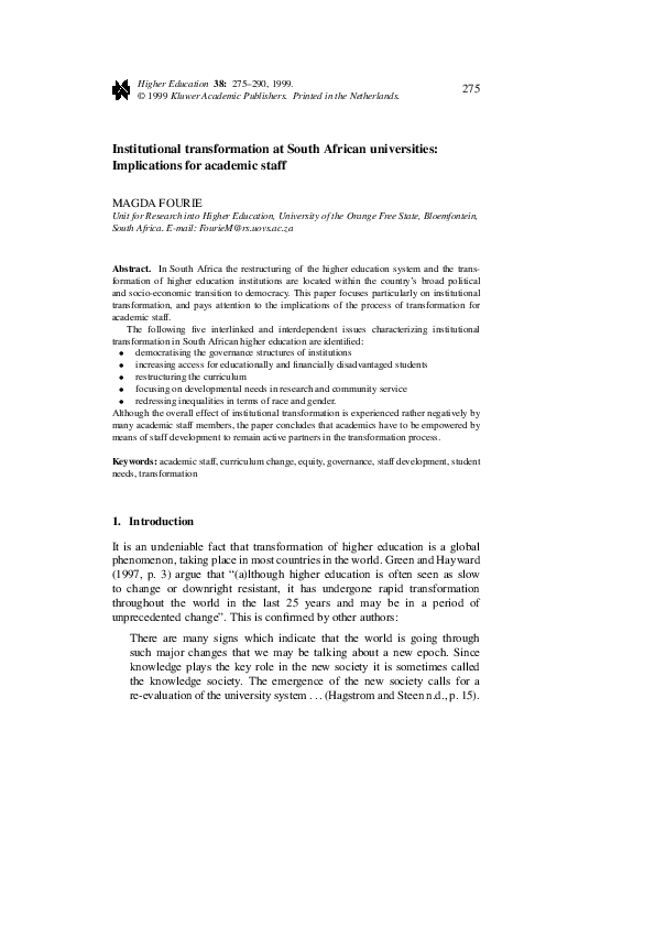 (PDF) Institutional transformation at South African universities: Implications for academic staff