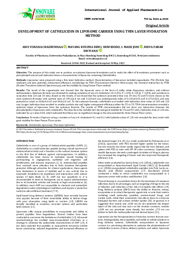 (PDF) Development of Cathelicidin in Liposome Carrier Using Thin Layer ...