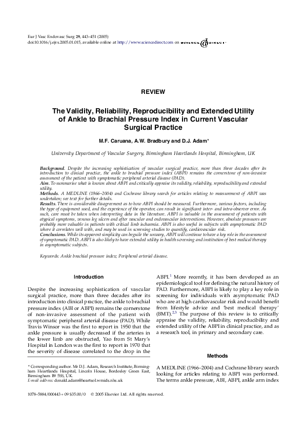 (PDF) The Validity, Reliability, Reproducibility and Extended Utility of Ankle to Brachial ...