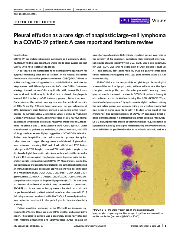 (PDF) Pleural effusion as a rare sign of anaplastic large‐cell lymphoma ...