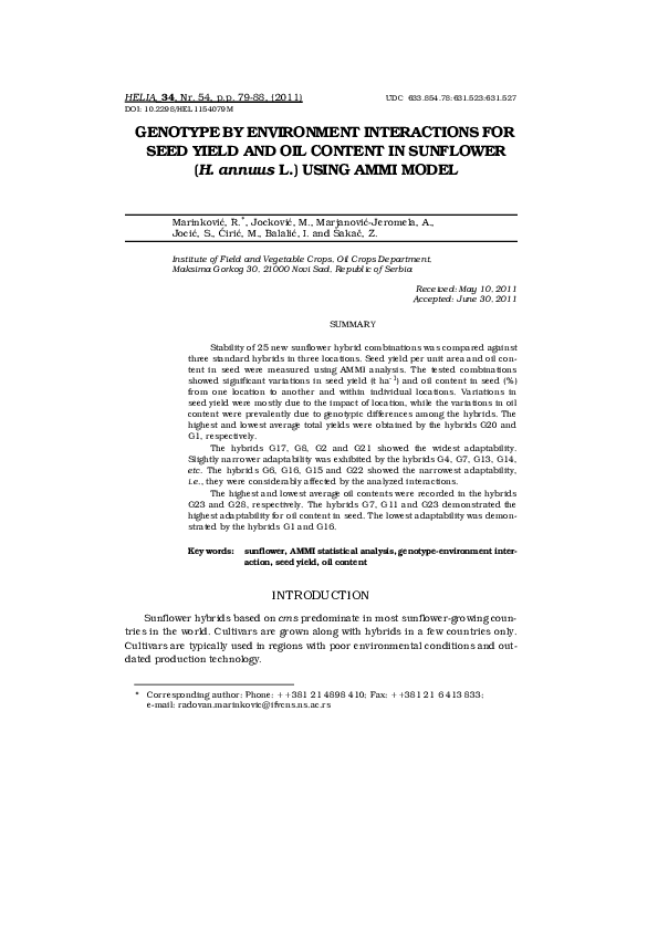 (PDF) Genotype by environment interactions for seed yield and oil content in sunflower (H ...