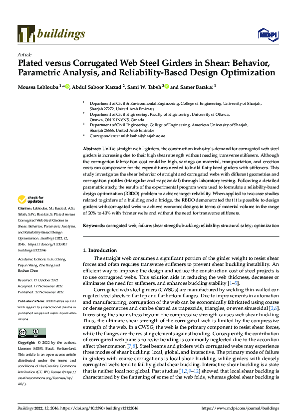(PDF) Plated versus Corrugated Web Steel Girders in Shear: Behavior, Parametric Analysis, and ...