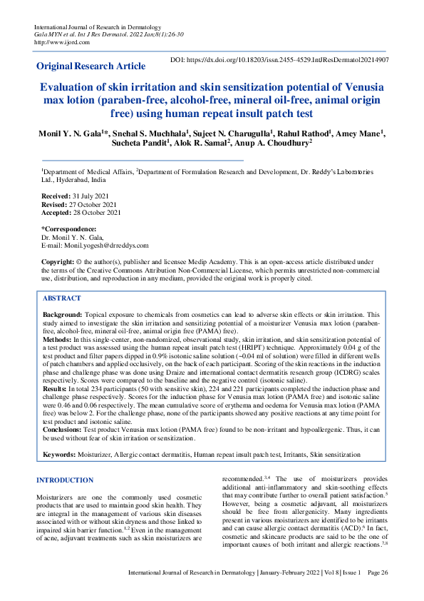 Pdf Evaluation Of Skin Irritation And Skin Sensitization Potential Of Venusia Max Lotion
