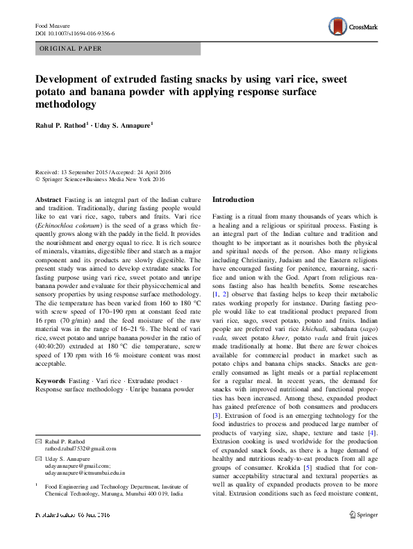 (PDF) Development of extruded fasting snacks by using vari rice, sweet ...
