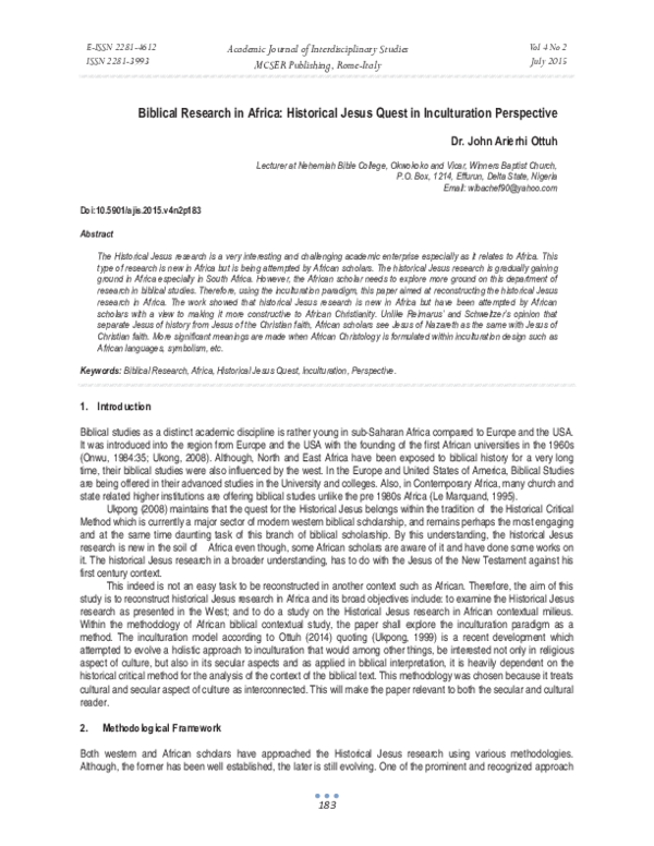 (PDF) Biblical Research in Africa: Historical Jesus Quest in ...